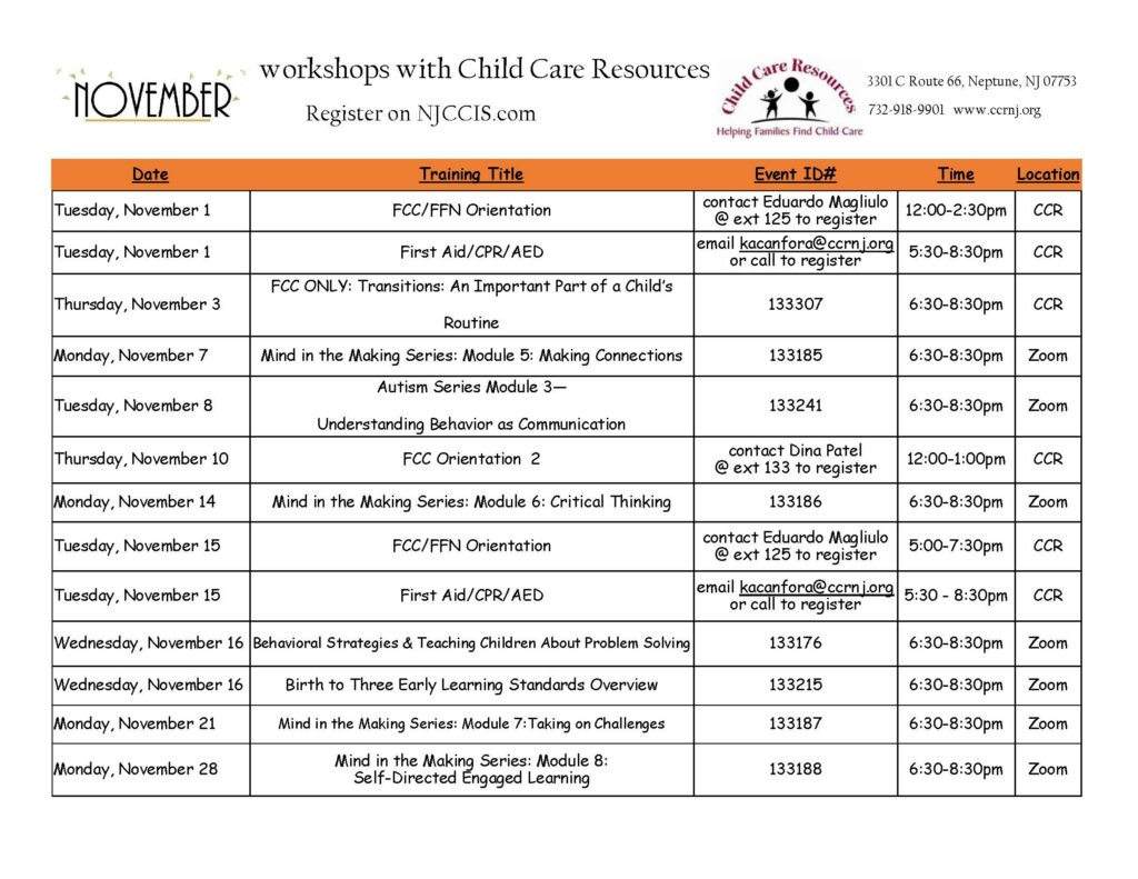 Child Care Resources | October and November 2022 Trainings
