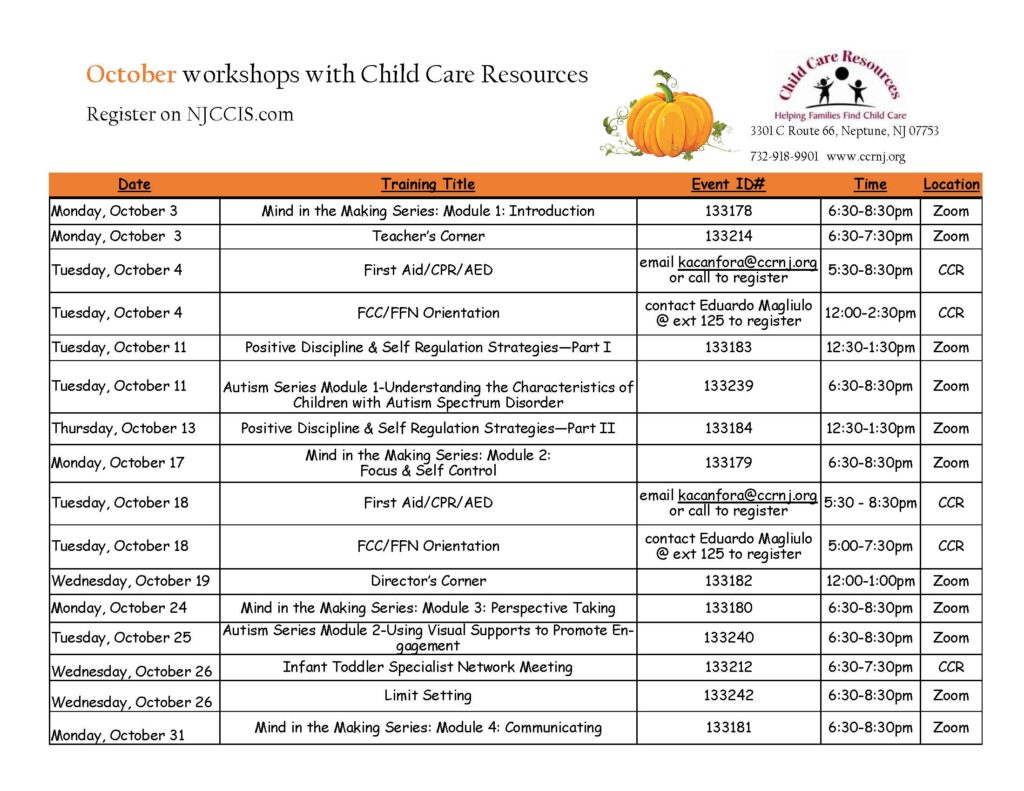 Child Care Resources | October and November 2022 Trainings